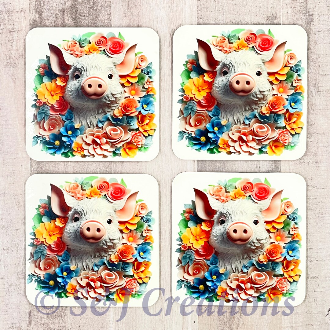 3D Set of 4 Pig With Flowers Drink Coasters - Etsy