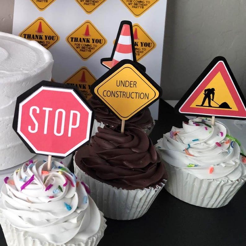 Construction Cupcake Toppers - Stop Signs, Men at Work, Yield Signs and ...