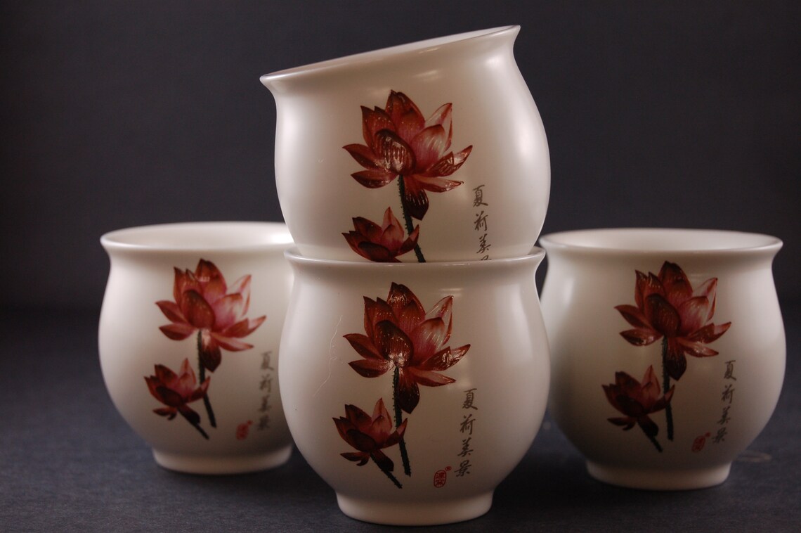 Japanese Tea Cups With Red Lotus Flowers Design - Etsy