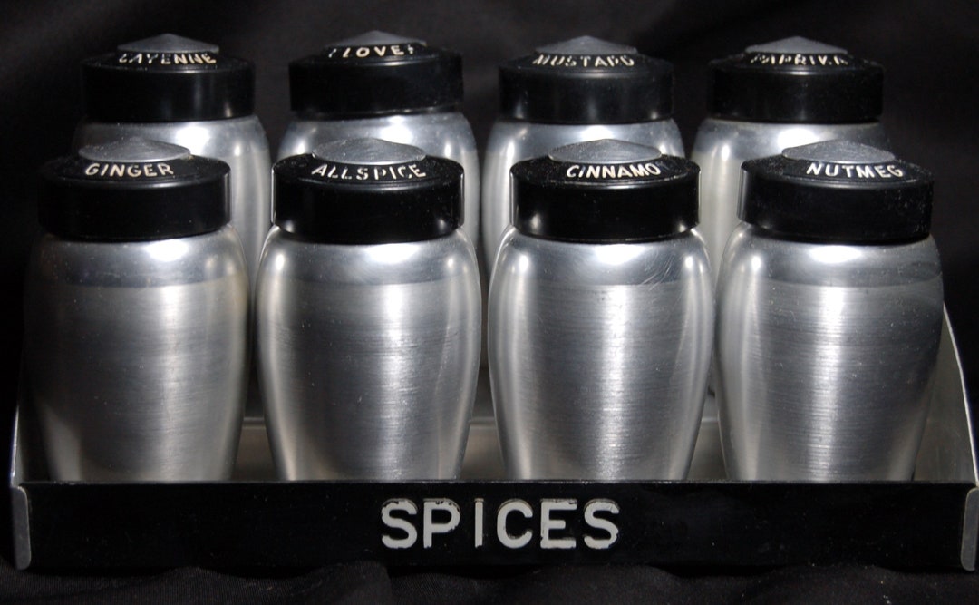 Vintage Kormex Aluminum Spice Rack, 8 Shakers & 4 Canisters, 1950s ...