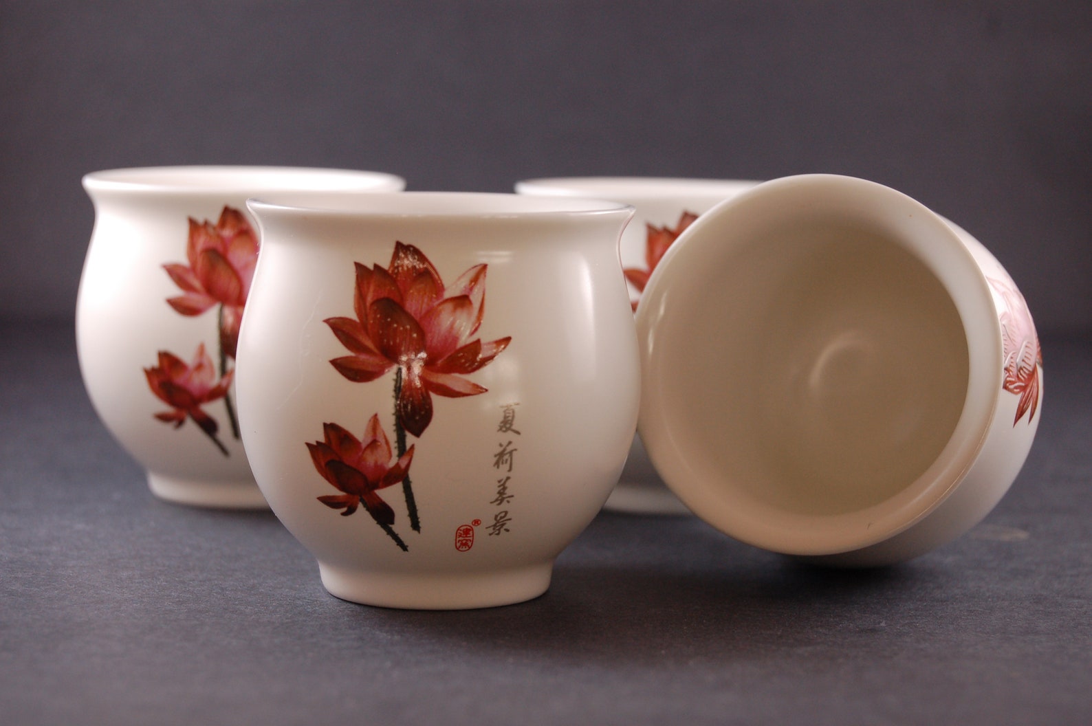 Japanese Tea Cups With Red Lotus Flowers Design - Etsy