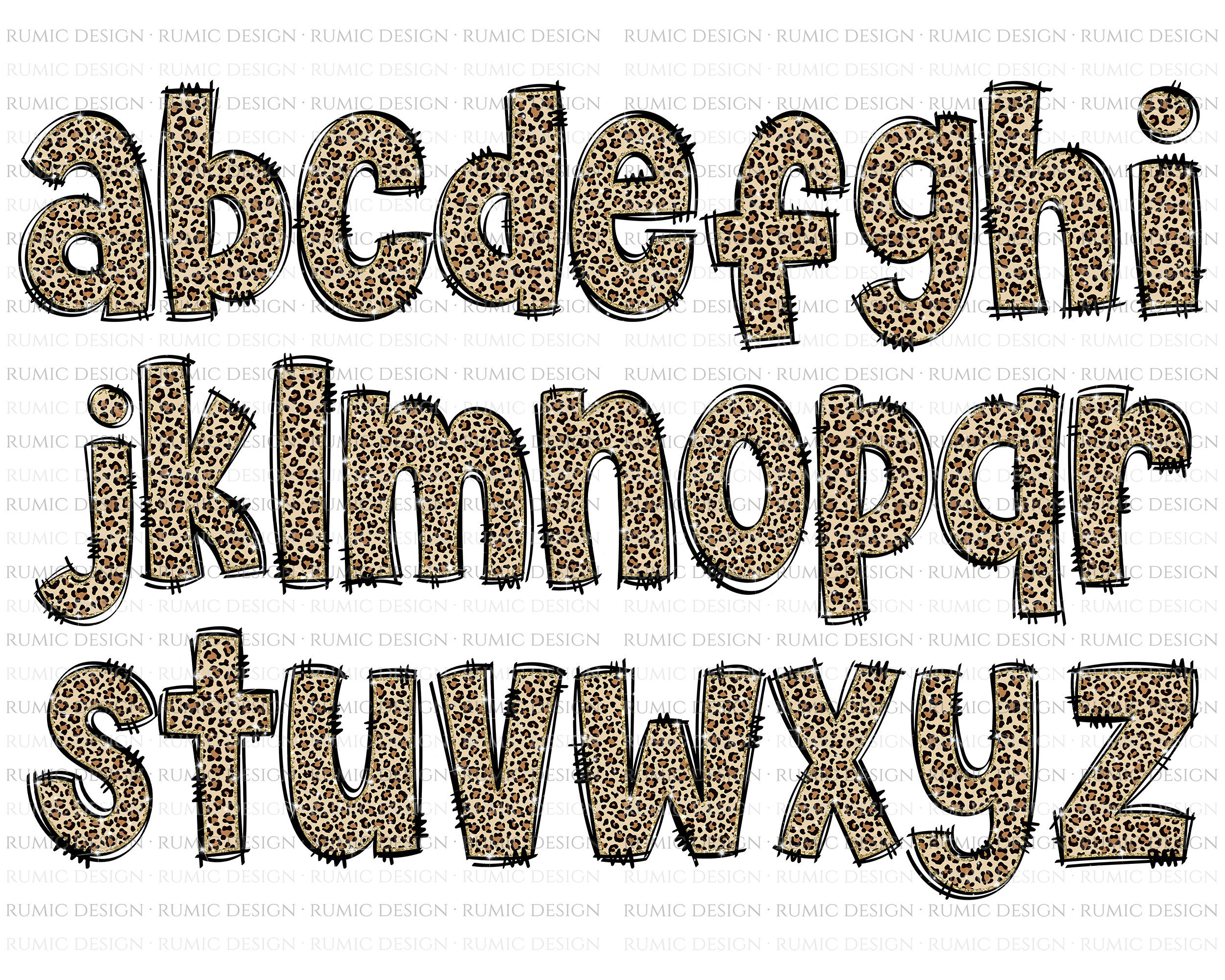 Glitter Leopard Doodle Letters Alphabet Set, Doodle Font PNG, Leopard ...