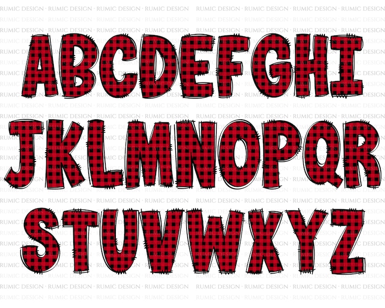 Red Buffalo Plaid Doodle Letters Alphabet, Christmas Plaid Doodle Font PNG, Christmas ...