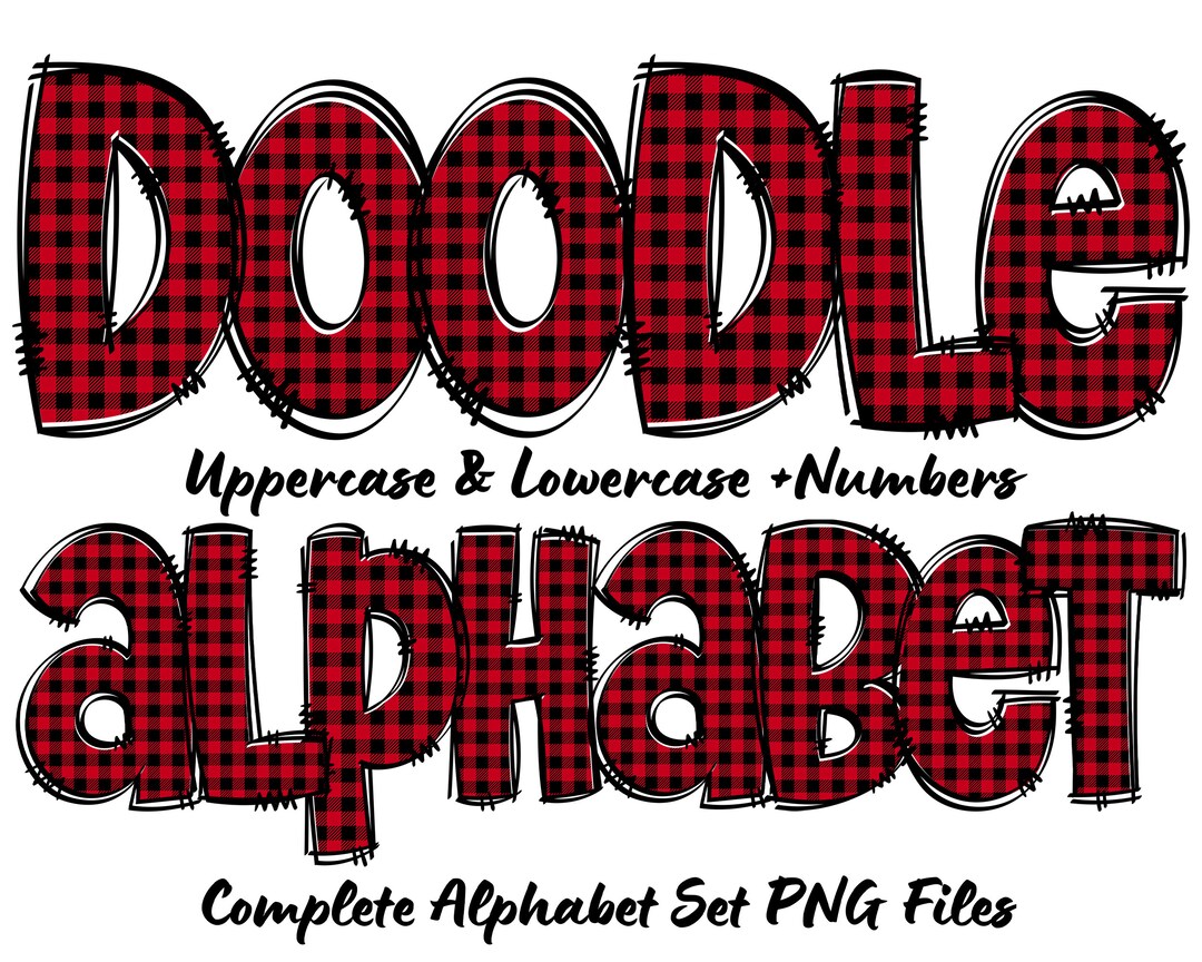 Red Buffalo Plaid Doodle Letters Alphabet, Christmas Plaid Doodle Font ...