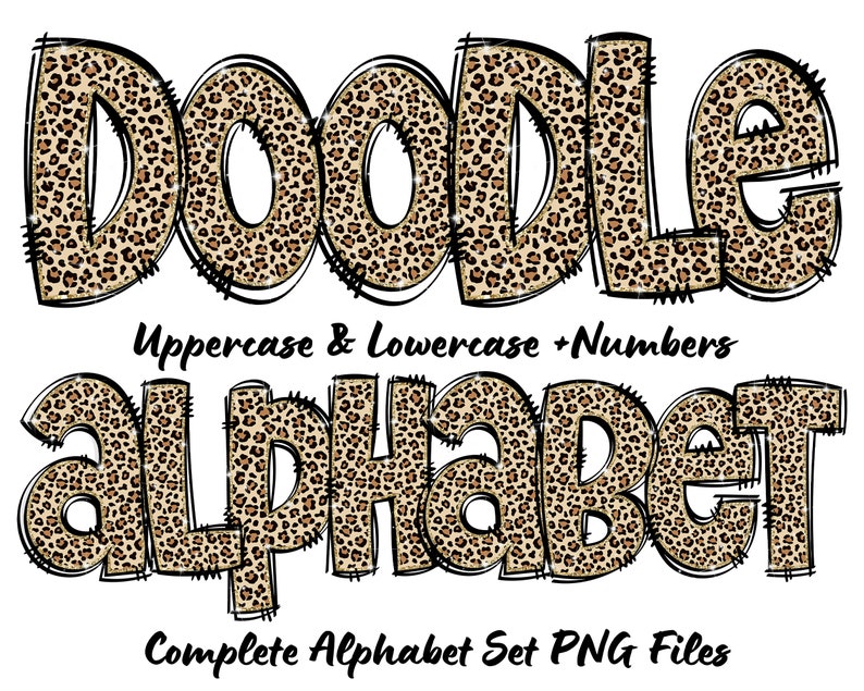 Glitter Leopard Doodle Letters Alphabet Set, Doodle Font PNG, Leopard ...