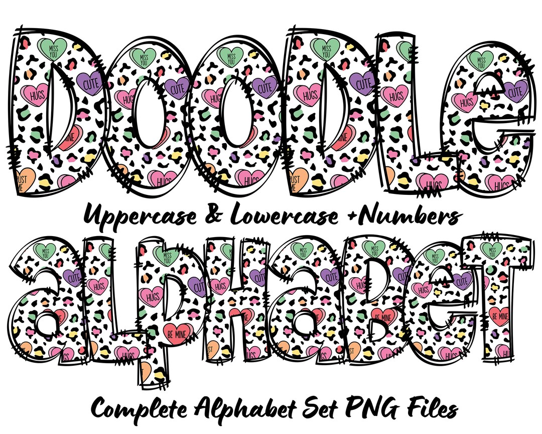 Candy Hearts Leopard Doodle Letters Alphabet, Valentines Day Font PNG ...