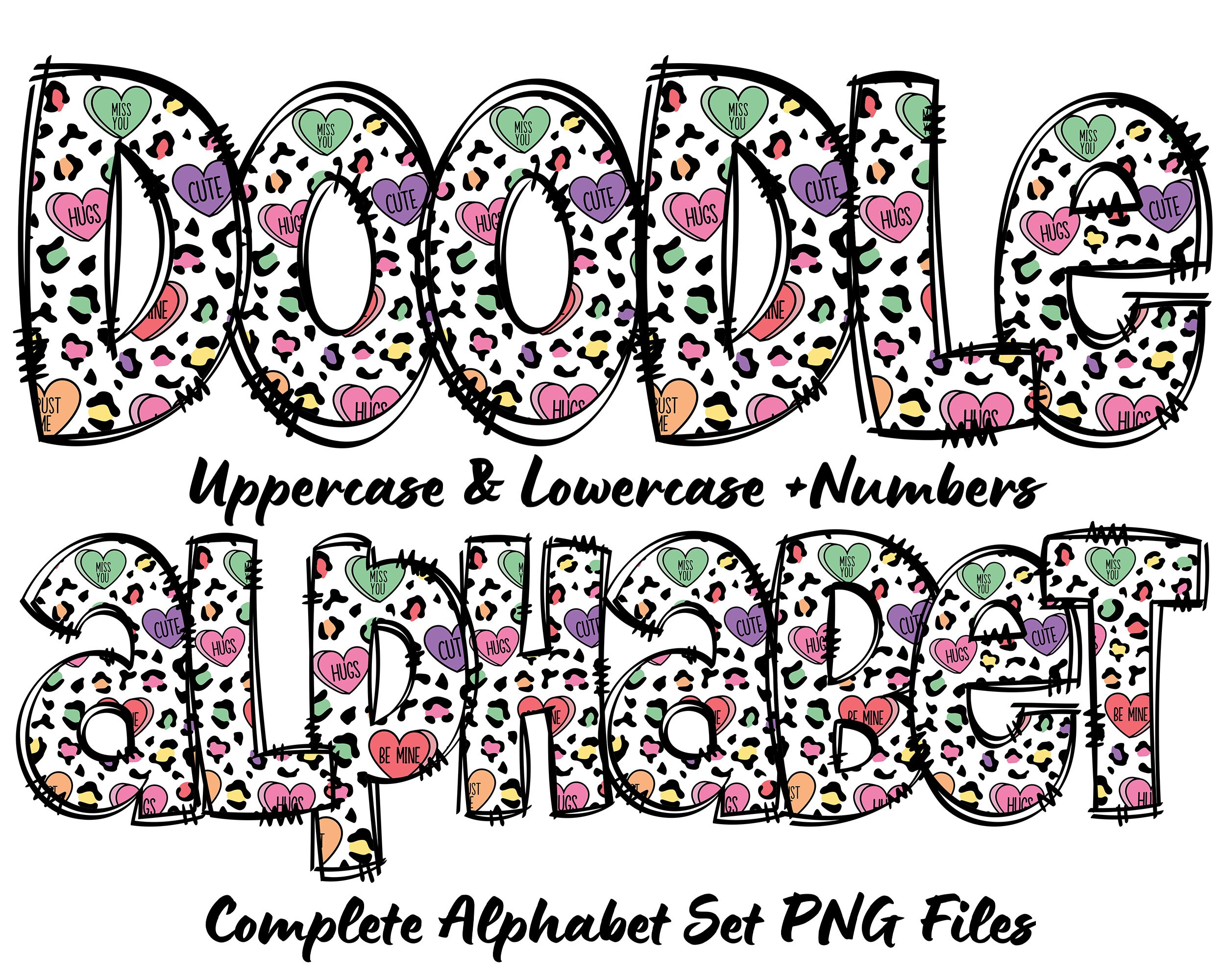 Candy Hearts Leopard Doodle Letters Alphabet, Valentines Day Font PNG ...