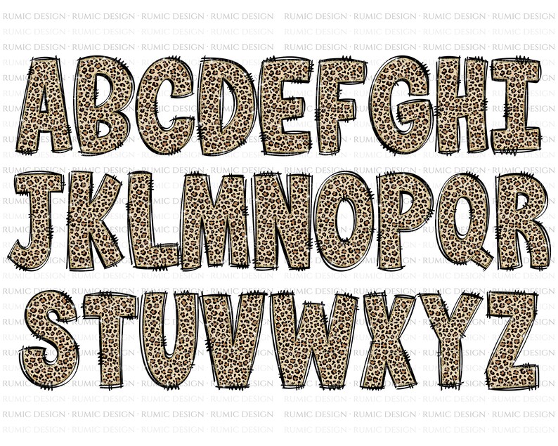 Glitter Leopard Doodle Letters Alphabet Set, Doodle Font PNG, Leopard ...