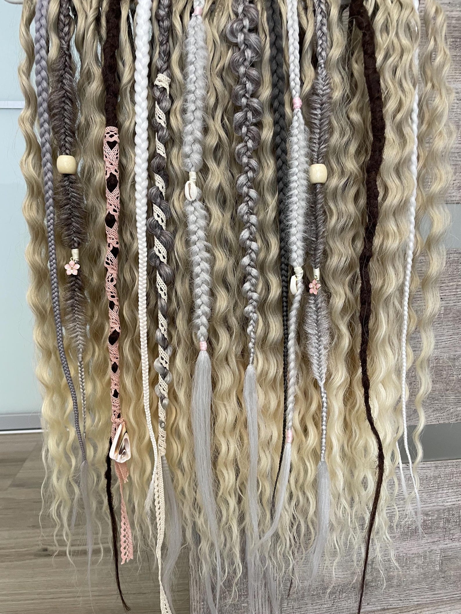 Set of Ash Blonde Bohemian Wavy Dreads and Gray Textured Braids 60 DE ...