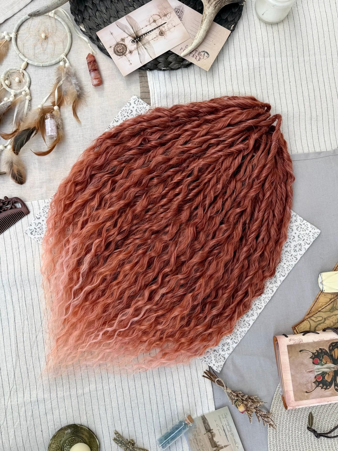 Pastel Red Curly Dreads, DE SE Wavy Dreadlock Extensions, Synthetic ...
