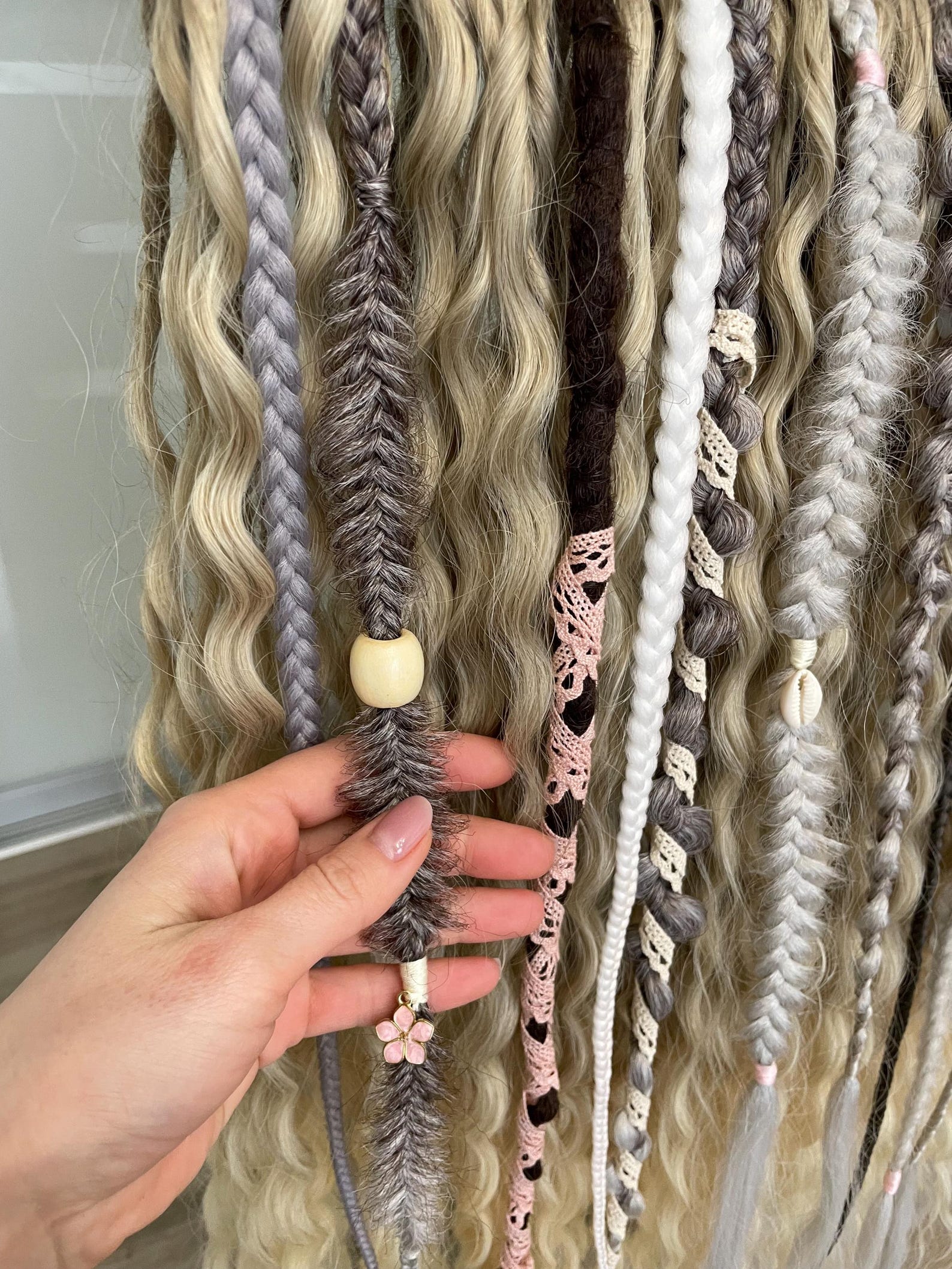 Set of Ash Blonde Bohemian Wavy Dreads and Gray Textured Braids 60 DE ...