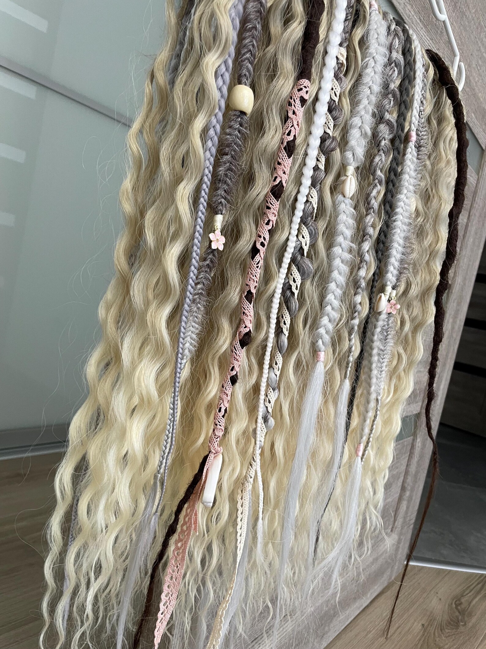 Set of Ash Blonde Bohemian Wavy Dreads and Gray Textured Braids 60 DE ...