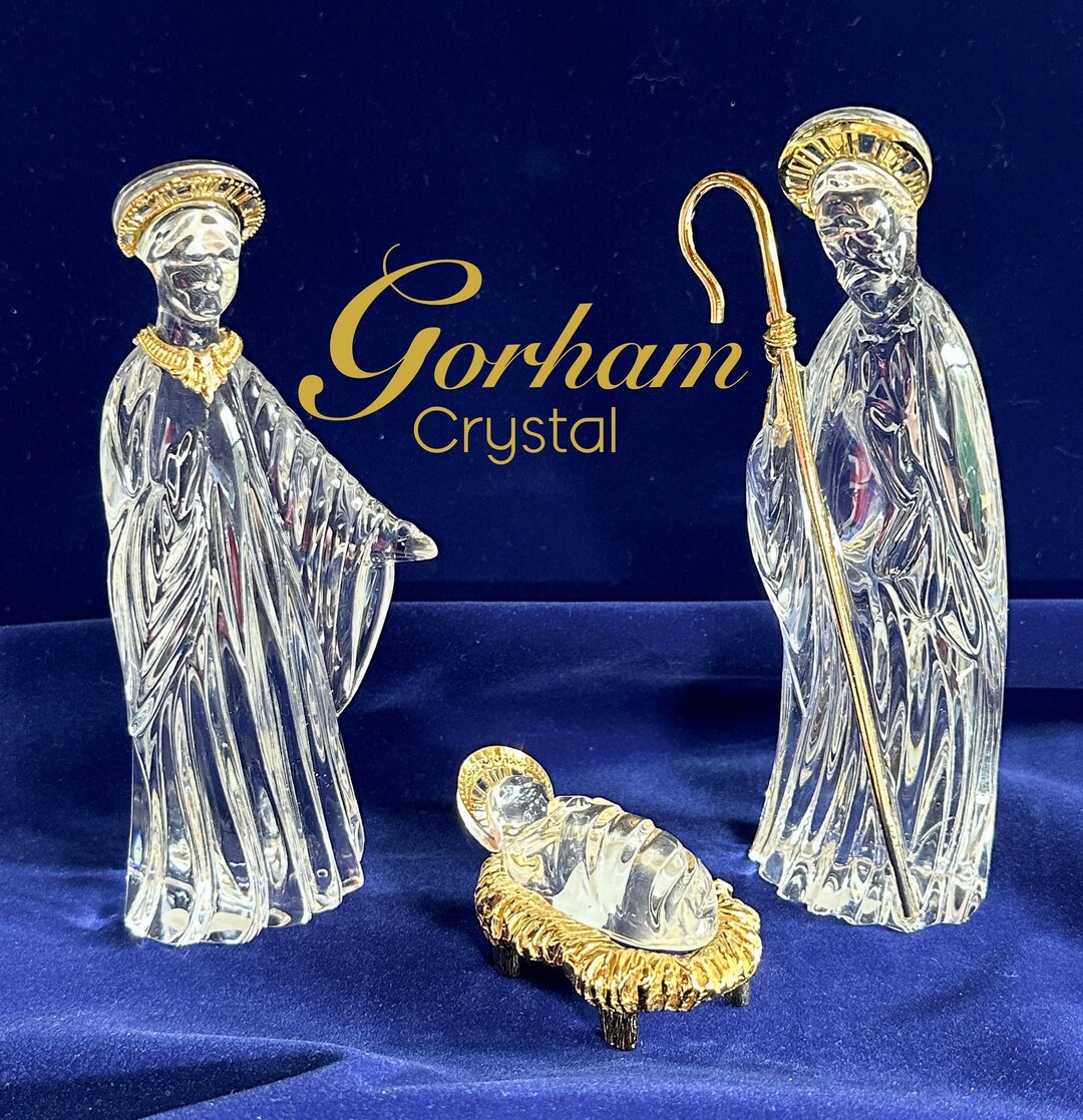 Vintage Gorham Lead Crystal Nativity Set, Pewter Manger, Gold Accents ...