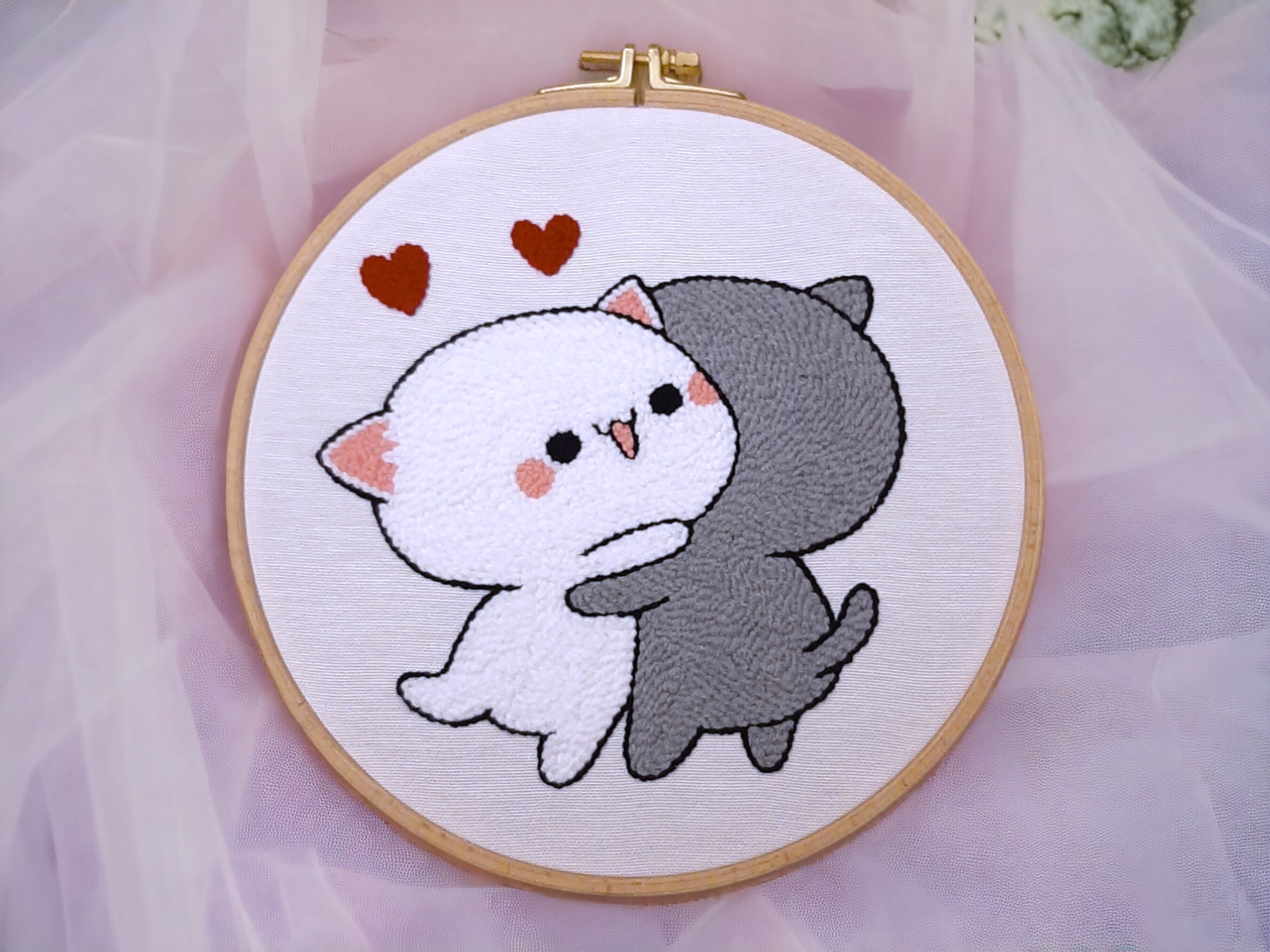 Cute Hugging Cat Couple Punch Needle Wall Hanging Tufted Wall Art Lets ...