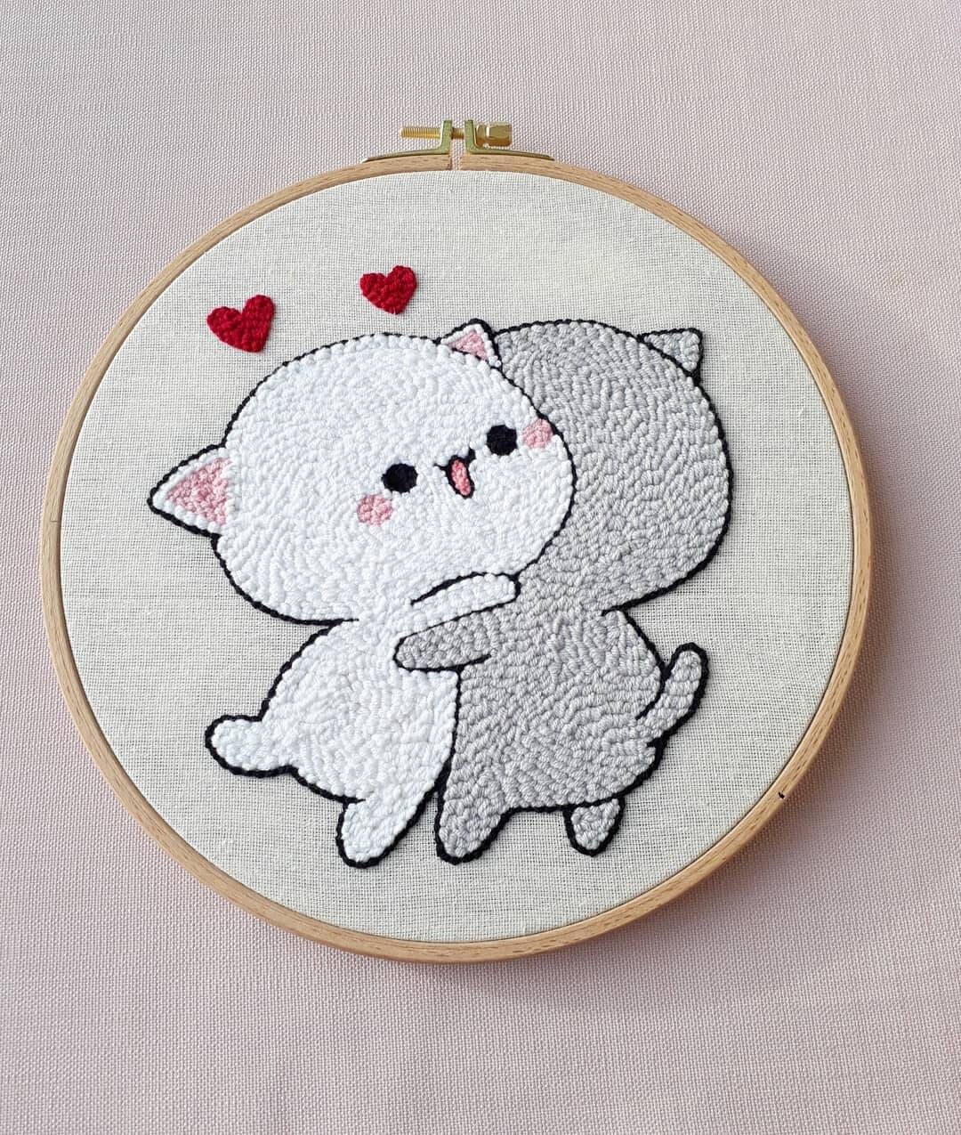 Cute Hugging Cat Couple Punch Needle Wall Hanging Tufted - Etsy