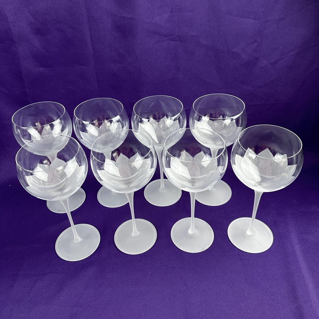 Vintage Romanian Crystal Petal Etched Large 12 Ounce Wine Glass Set of ...