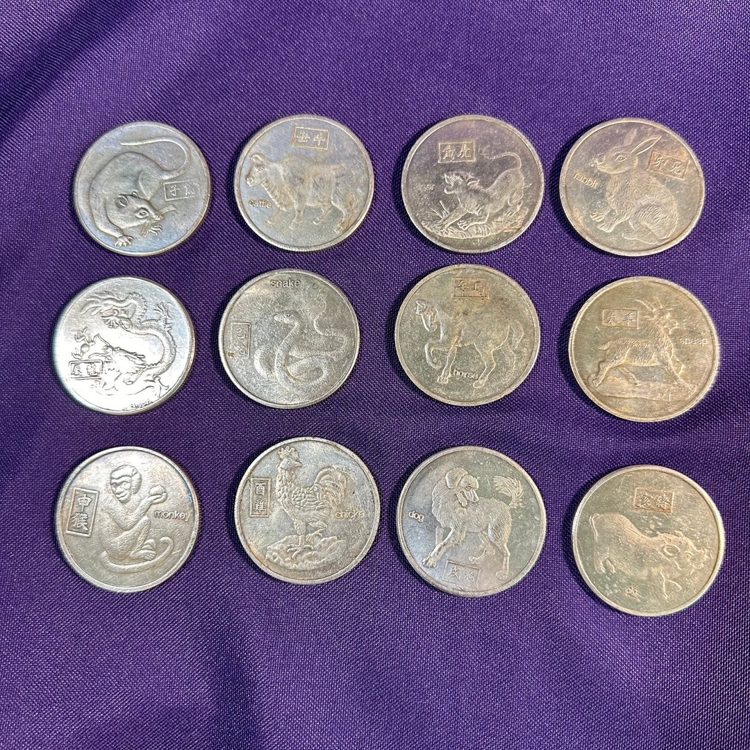 Vintage 12 Chinese Zodiac Coins or Metals 1 Each Rat, Ox, Tiger, Rabbit ...