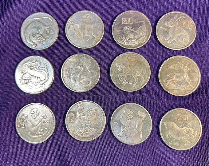 Vintage 12 Chinese Zodiac Coins or Metals 1 Each Rat, Ox, Tiger, Rabbit ...