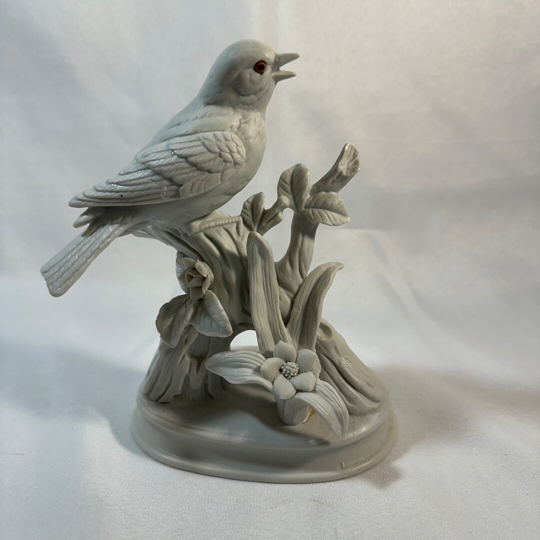 Vintage Porcelain Bisque Bird on Tree Stump With Flowers and Leaves ...