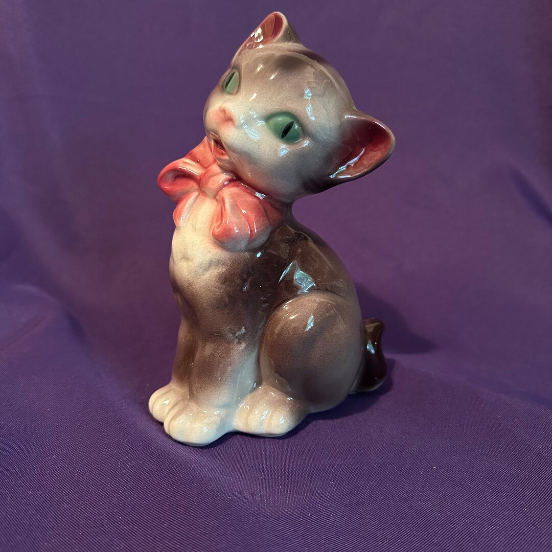 Vintage Mid Century MCM Porcelain Cat With Pink Bow - Etsy