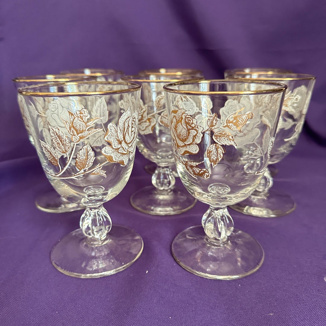 Vintage Set of 8 Ounce Libby Crystal Rose Bouquet Pattern Stemmed Glass ...