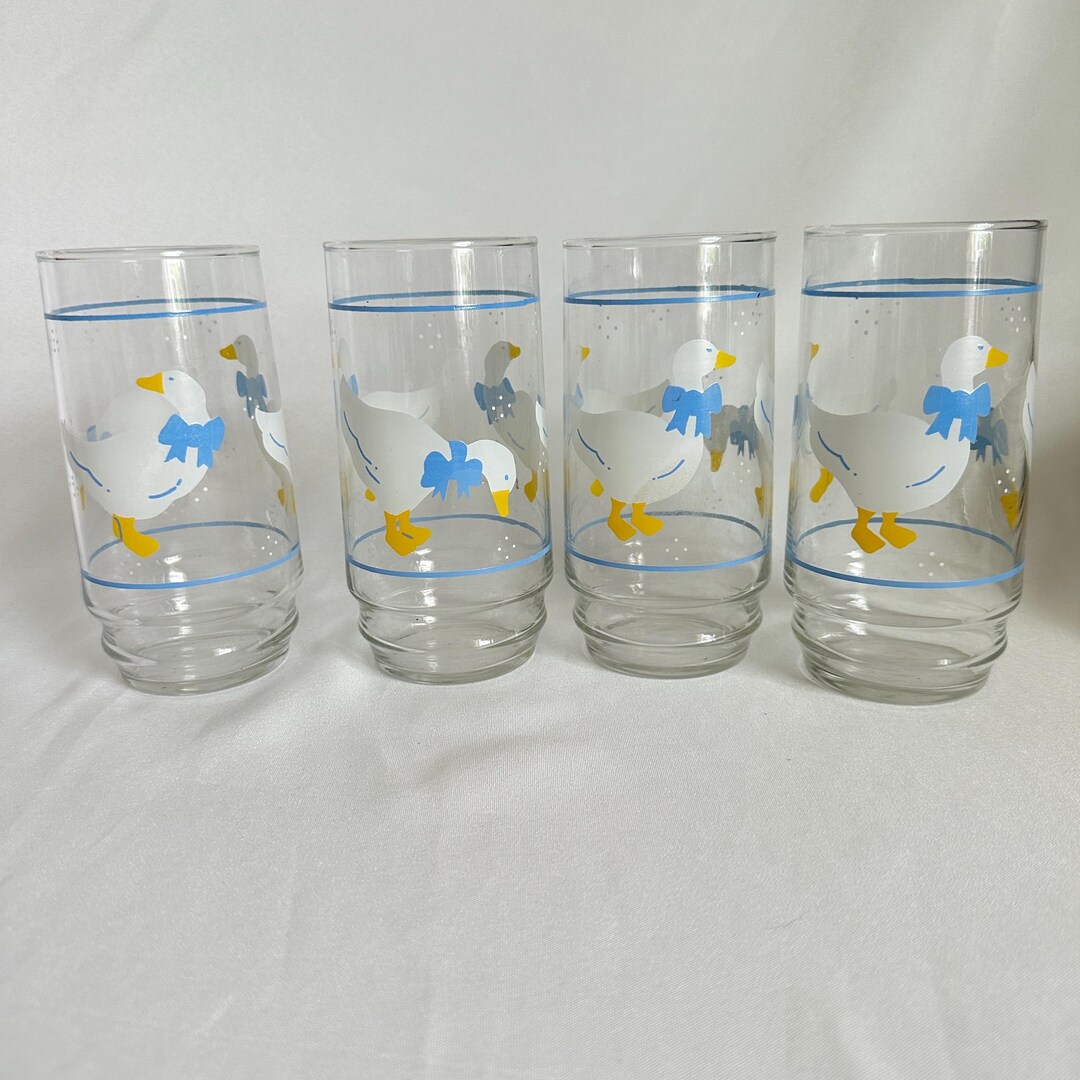 Set of 4 Clear Libby Glass Goose With a Blue Bow 12 Ounce Drinking ...