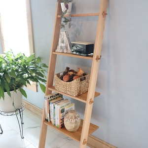 Leaning Ladder Shelf, 4 Tier Bookshelf, Solid Oak Shelving - Etsy