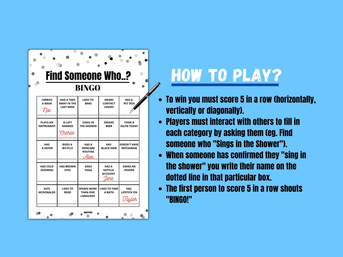Find Someone Who Bingo Ice Breaker Game Guest Game Human - Etsy