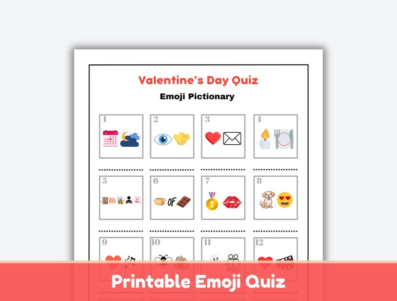 Valentine's Day Quiz Emoji Pictionary, Printable Game, Valentine Party ...