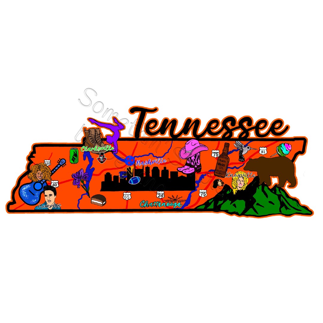 TENNESSEE Map With Icons, Colorful, Sublimation, Png, Digital Download ...