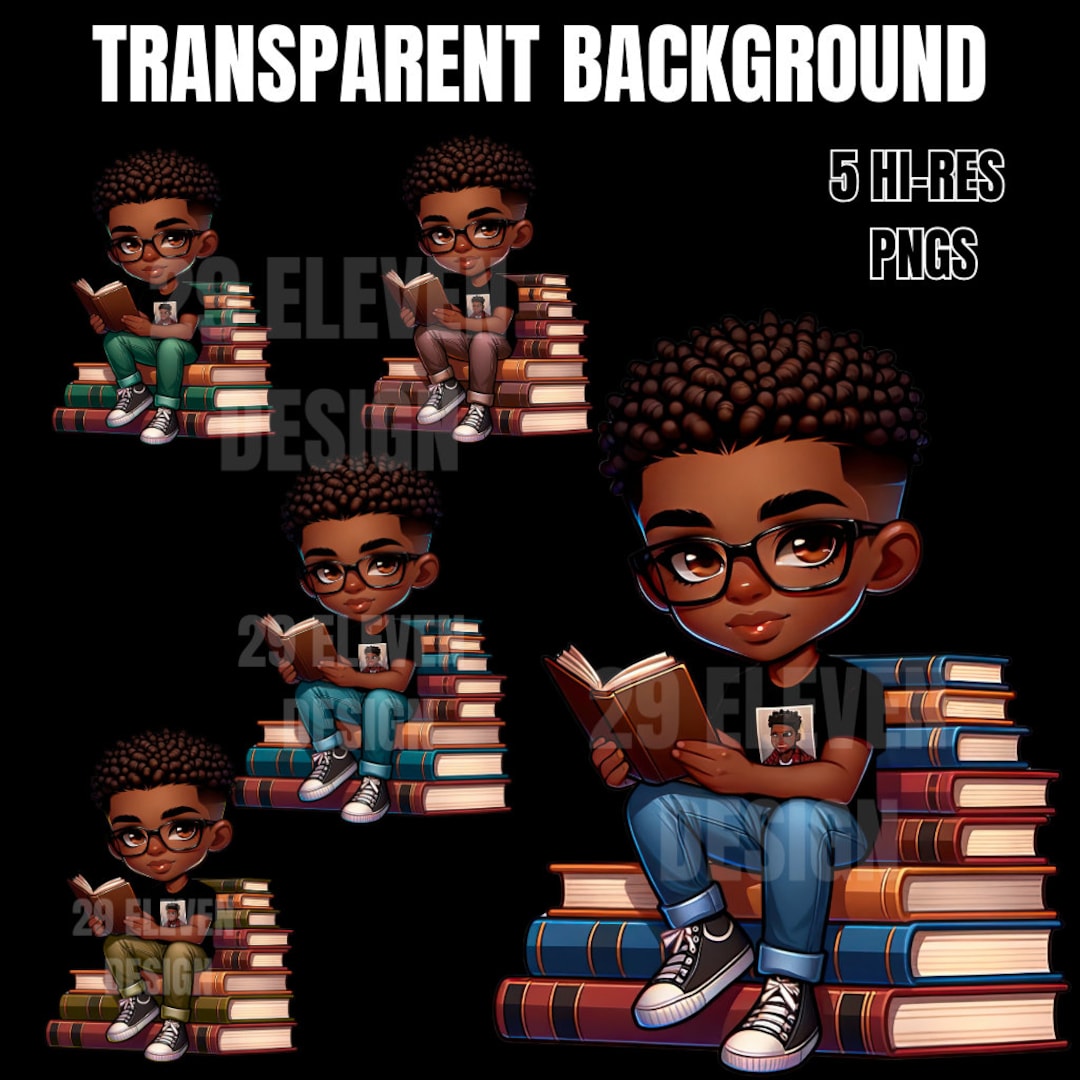 Chibi Boy Reader Clipart Bundle: African American PNG Dolls (digital ...