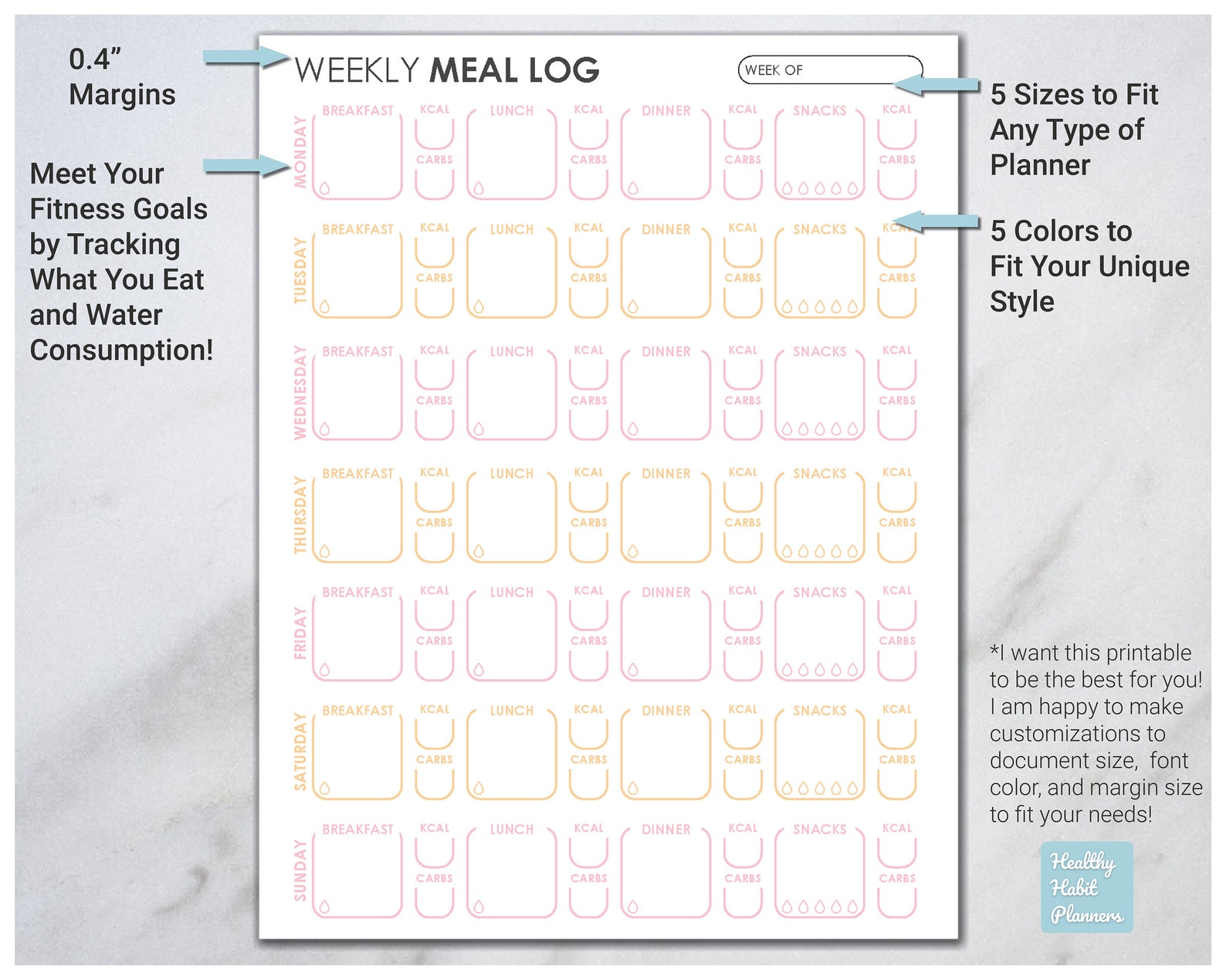 Weekly Meal Log, Weekly Food Log, Weekly Nutrition Log, Weekly Food ...