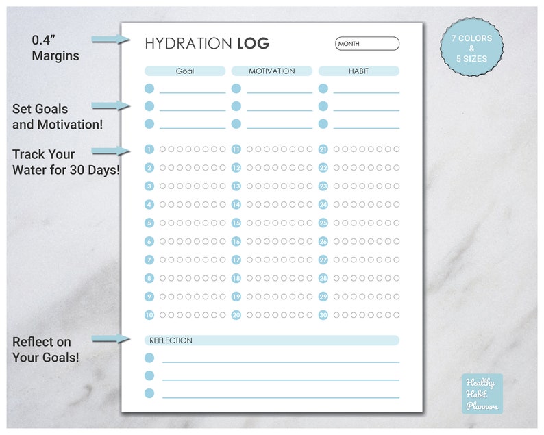 Monthly Hydration Tracker, Monthly Hydration Log, Water Tracker ...