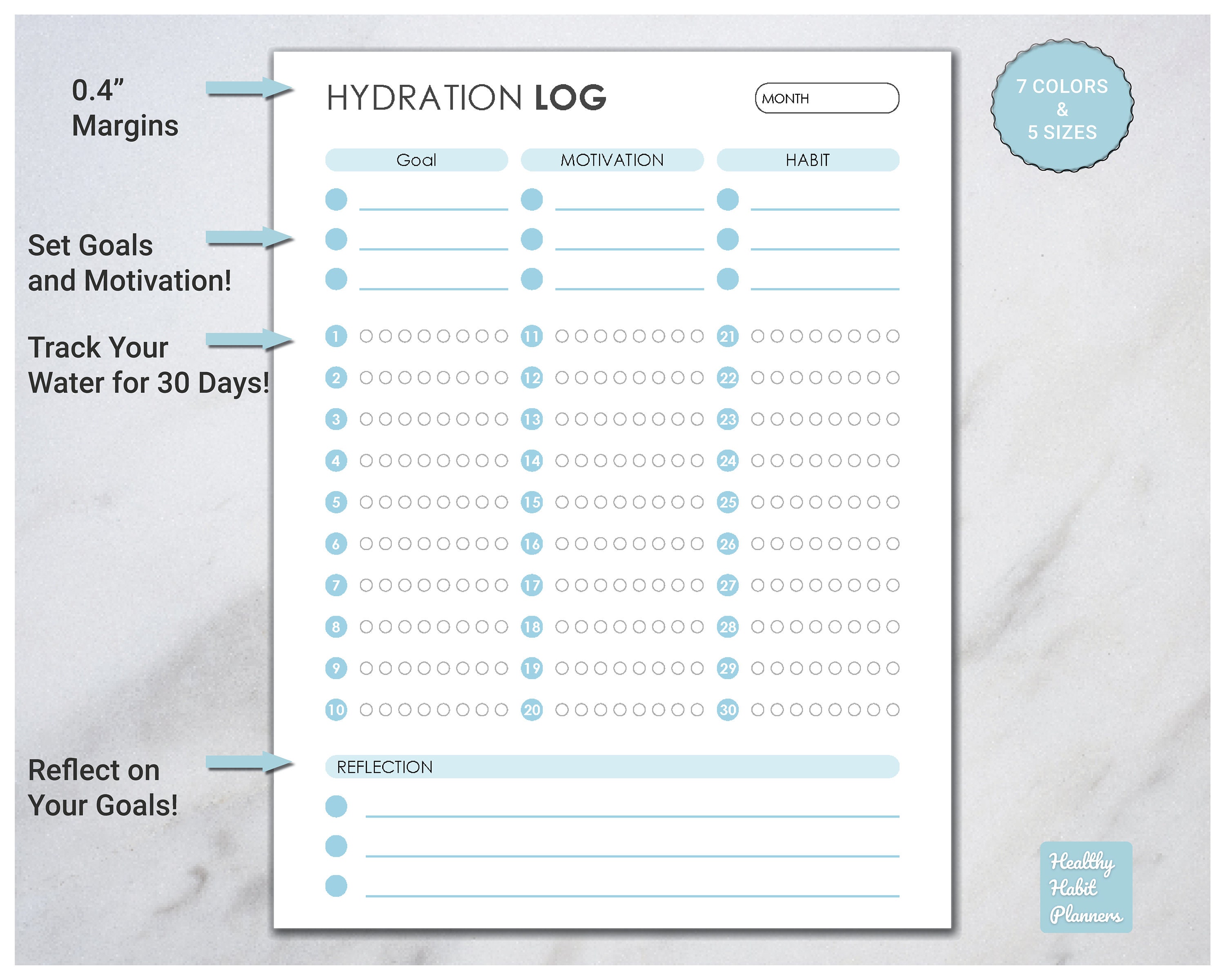 Monthly Hydration Tracker, Monthly Hydration Log, Water Tracker ...
