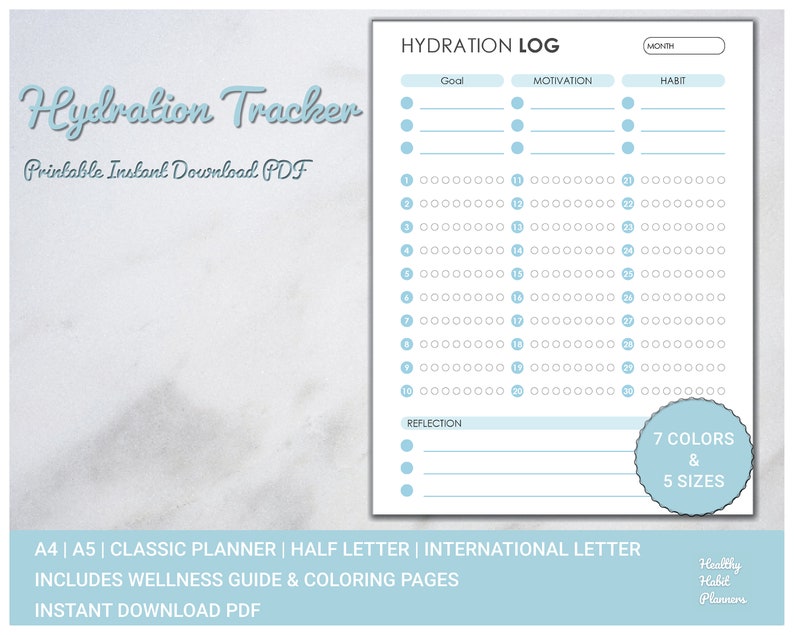 Monthly Hydration Tracker, Monthly Hydration Log, Water Tracker ...