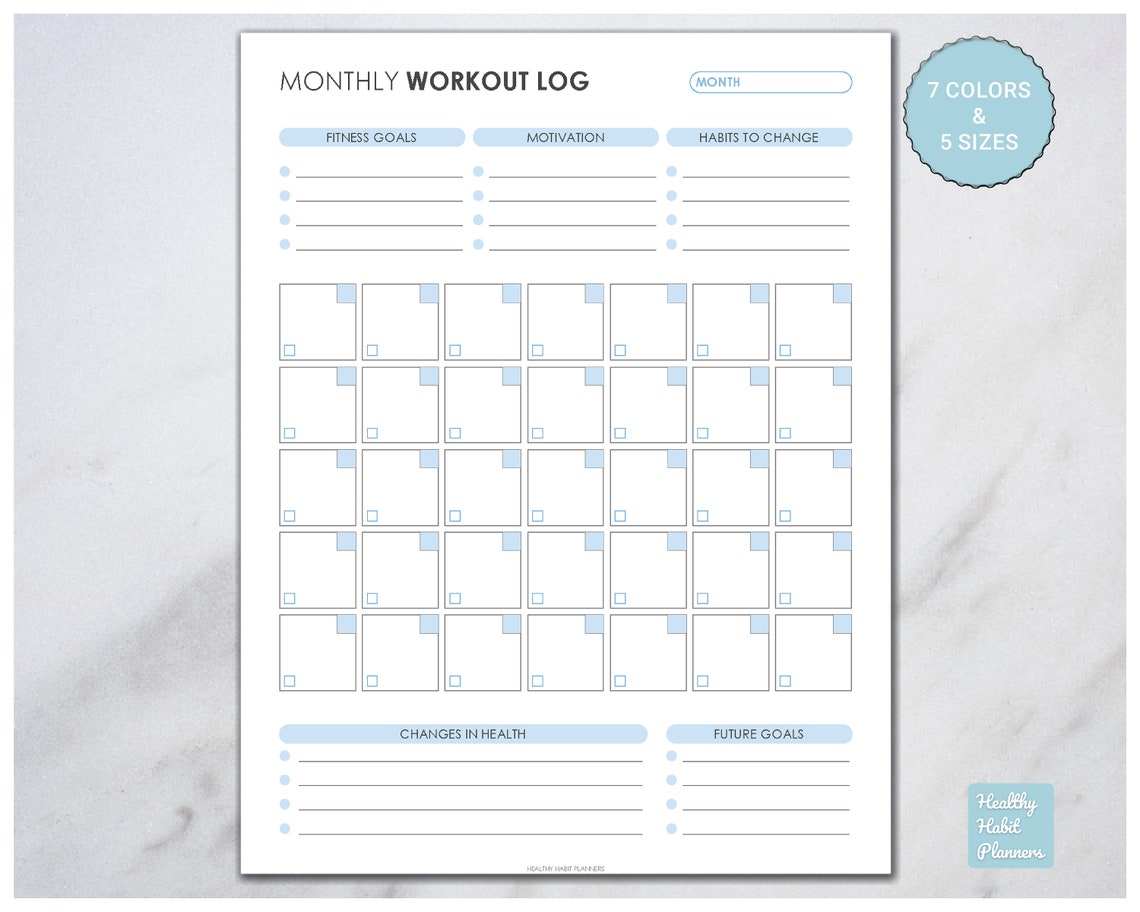Monthly Workout Log, Exercise Tracker, Fitness Log Digital Printable ...