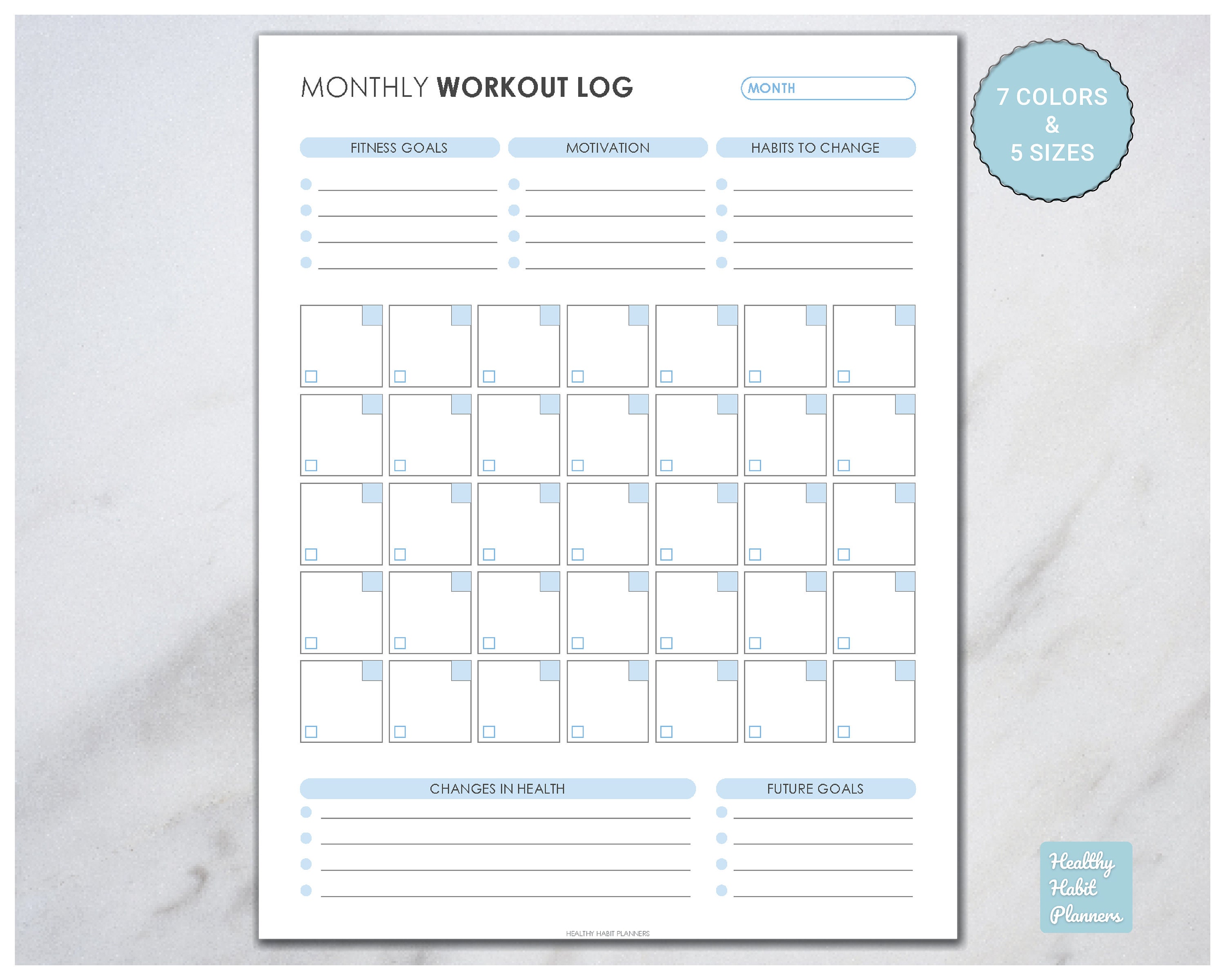 Monthly Workout Log, Exercise Tracker, Fitness Log Digital Printable ...