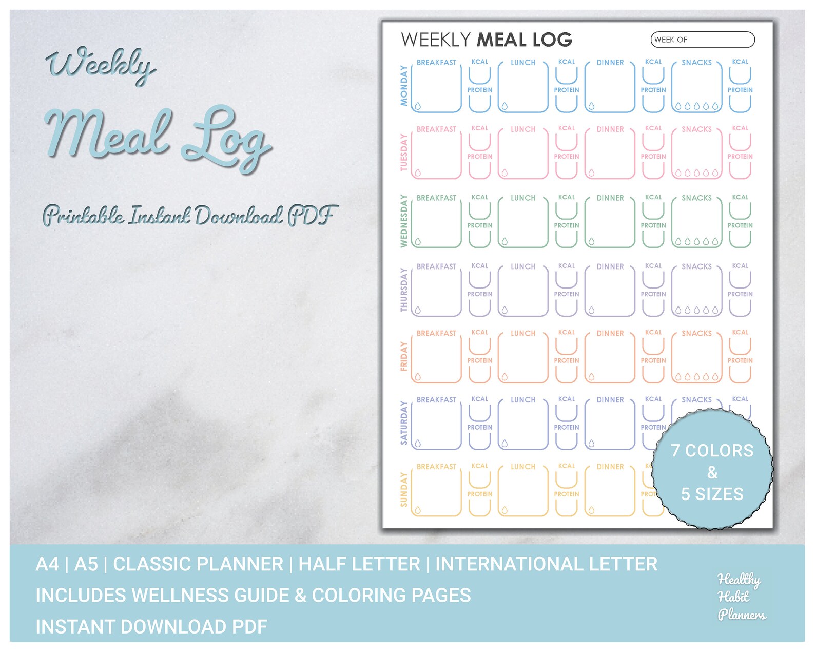 Weekly Meal Log, Weekly Food Log, Weekly Nutrition Log, Weekly Food ...