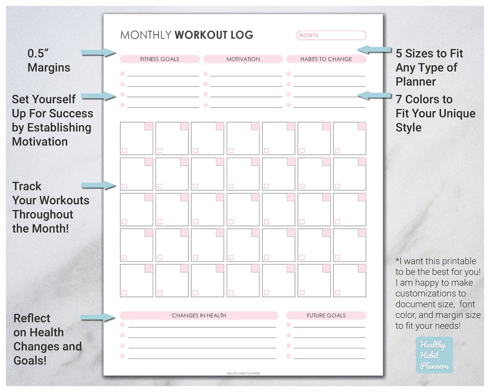 Monthly Workout Log, Exercise Tracker, Fitness Log | Digital Printable ...
