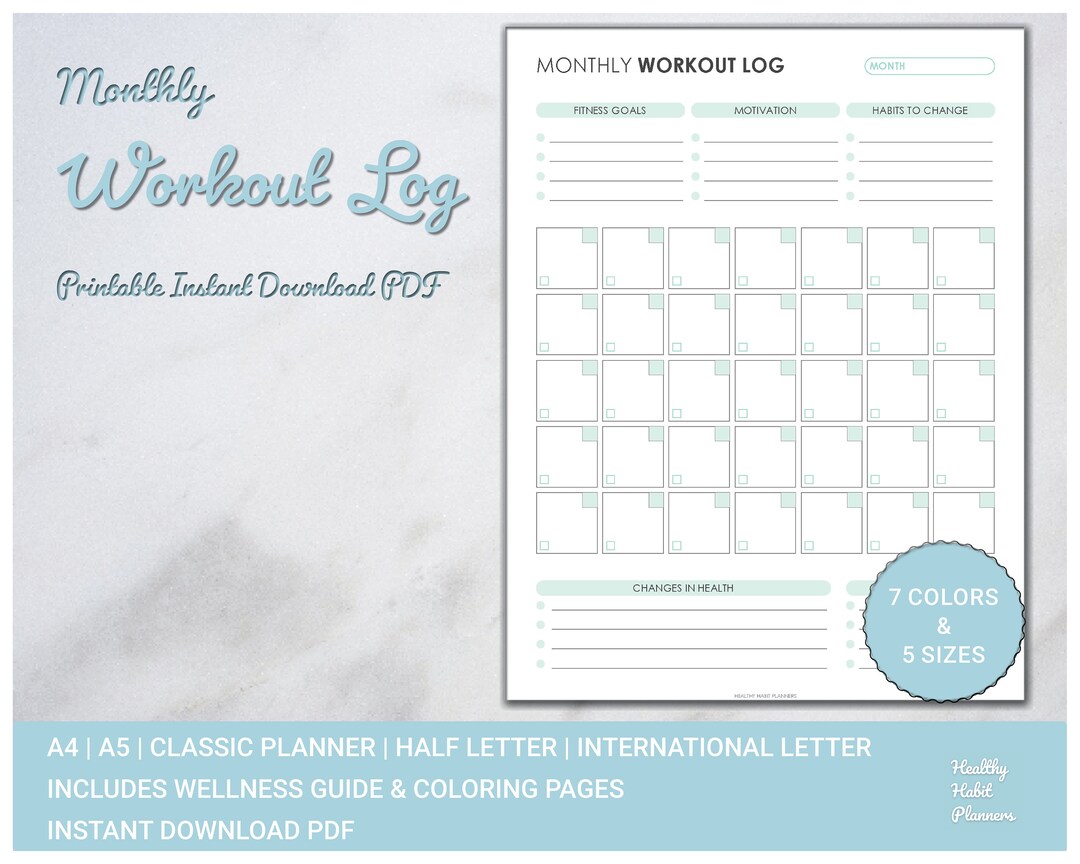 Monthly Workout Log, Exercise Tracker, Fitness Log | Digital Printable ...