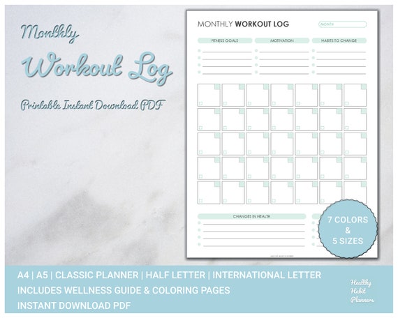 Monthly Workout Log Exercise Tracker Fitness Log Digital | Etsy