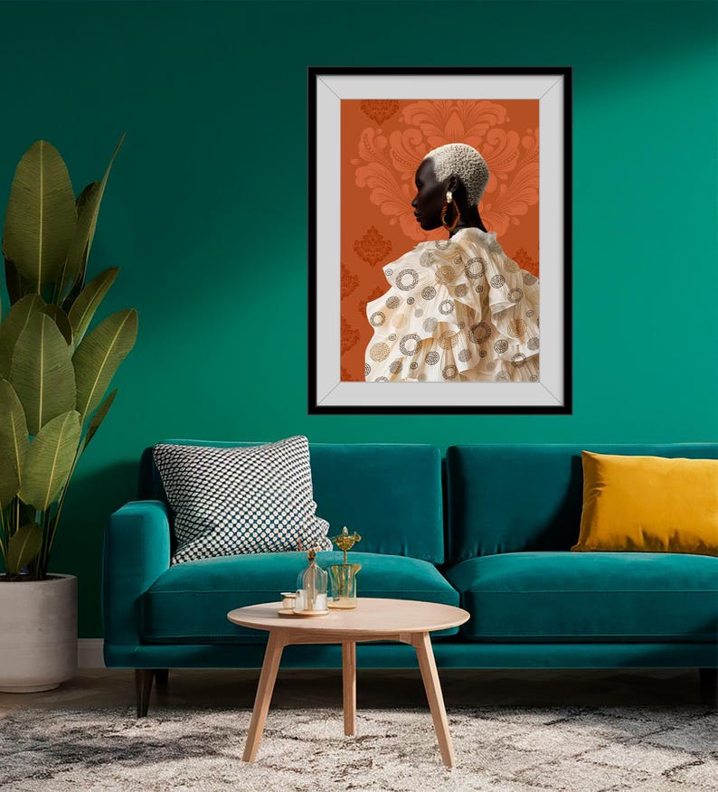 Retrato de mulher negra impresso em estilo 3D, estampa laranja queimado ...