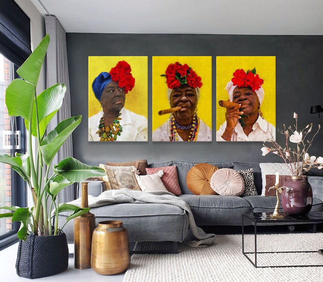 Cuba Lady Portrait, Set of Three Art Works Print on Canvas, Cuban ...