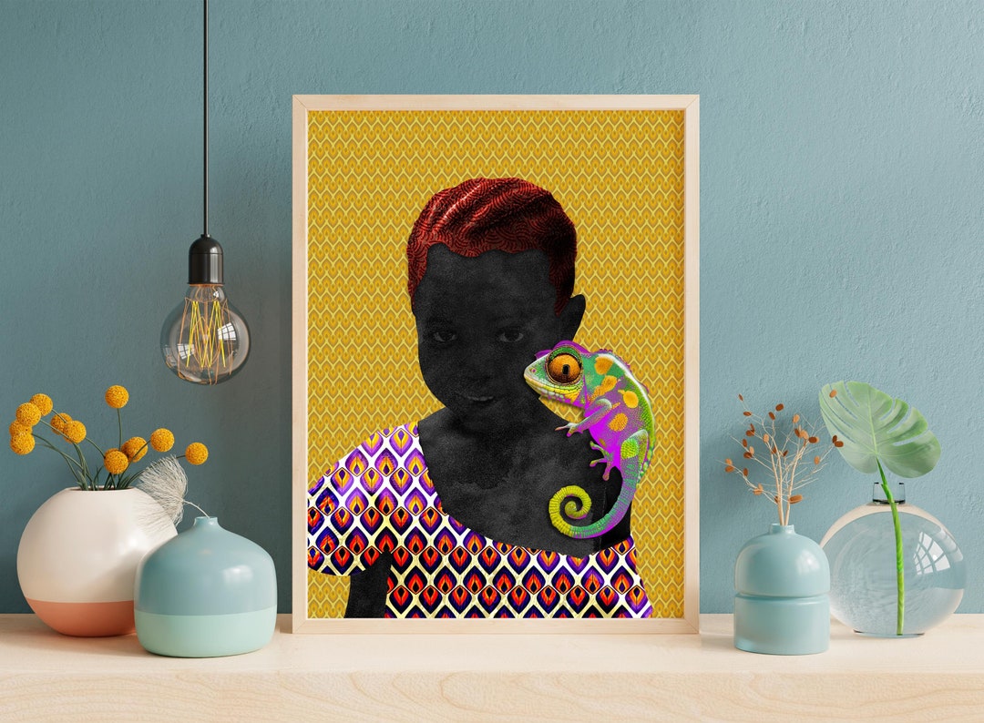 African Child With Chameleon. Color Collage With Black Girl and ...