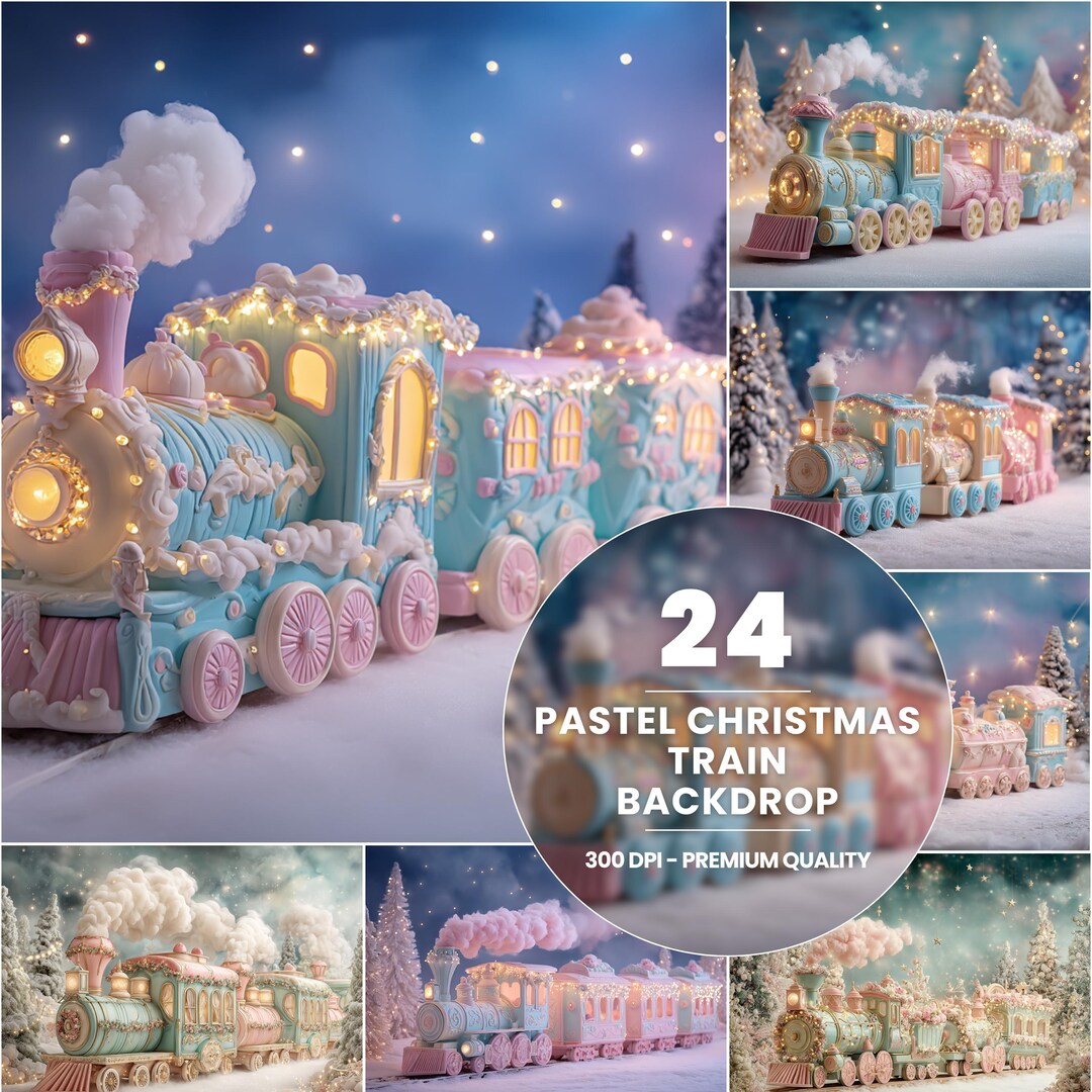 24 Pastel Christmas Train Backdrops, Candyland Winter Scene (digital ...