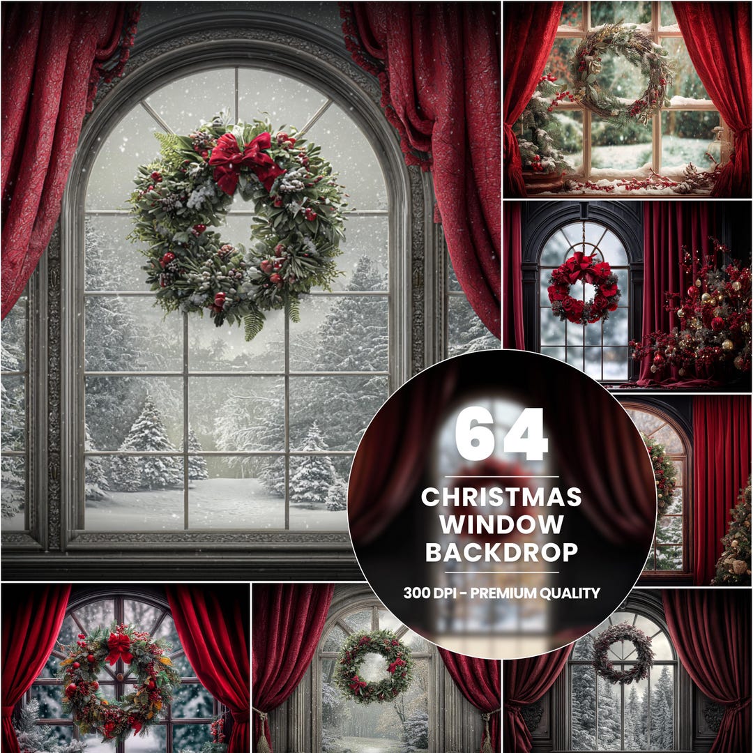 64 Christmas Window Backdrops, Festive Holiday Wreath Scenes (digital ...