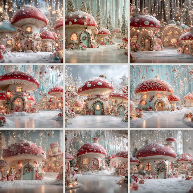 125 Christmas Gnome Wonderland Forest Backdrop, Candy Mushroom Village ...