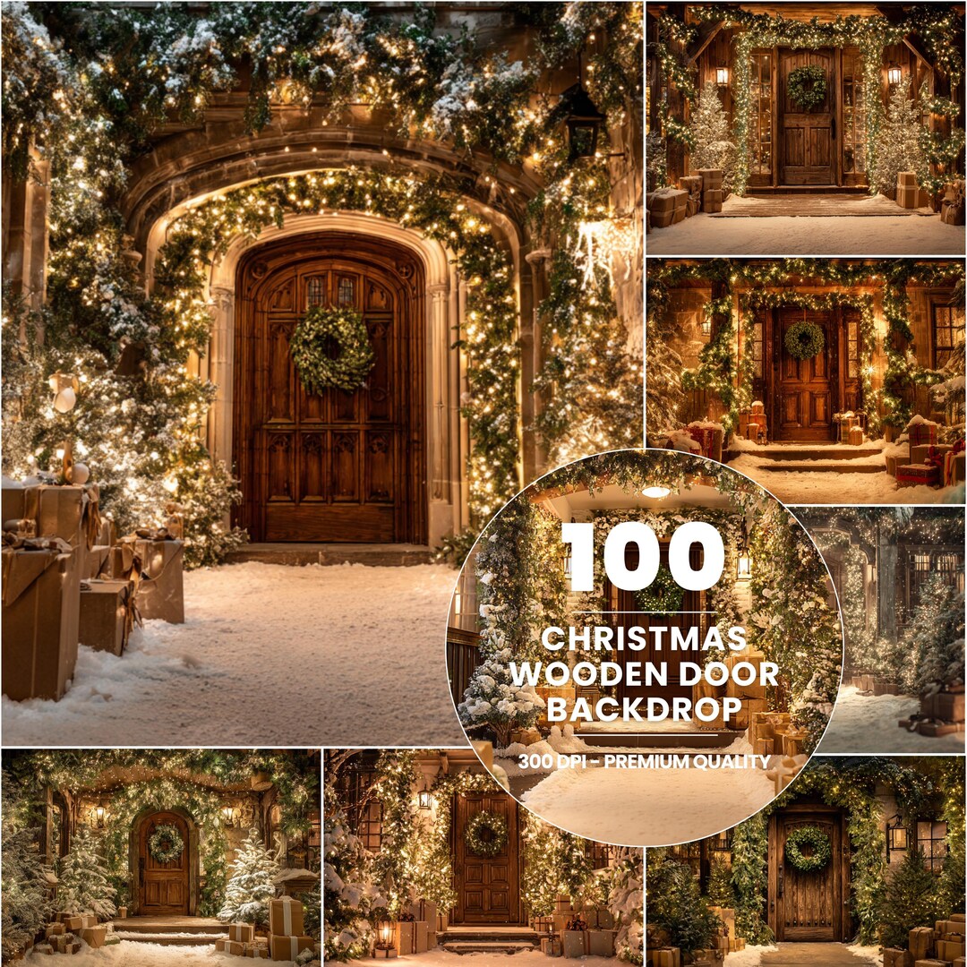 100 Christmas Wooden Door Backdrop Set, Rustic Holiday Entryway ...