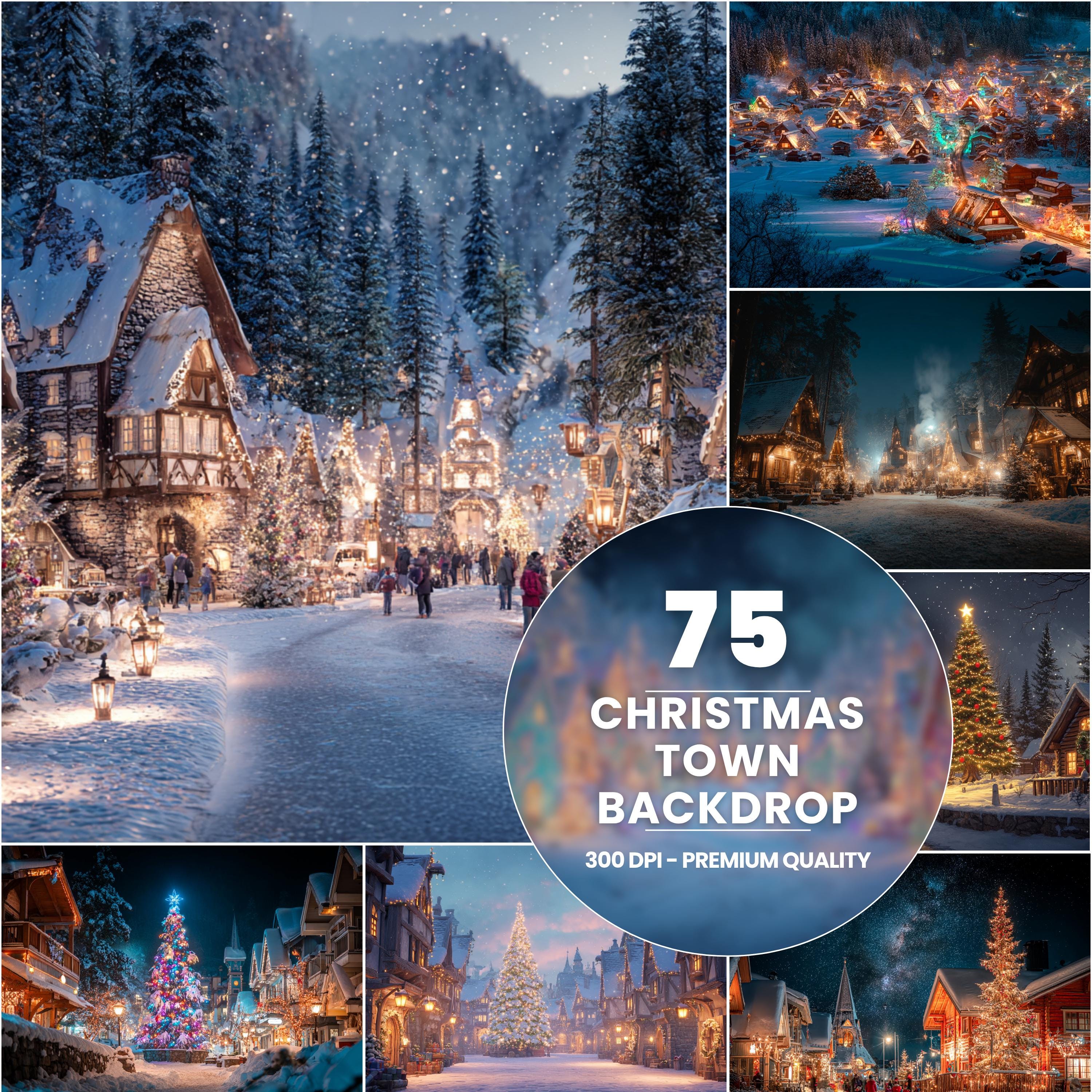75 Christmas Town Backdrops: Snowy Winter Village (300 DPI Digital ...