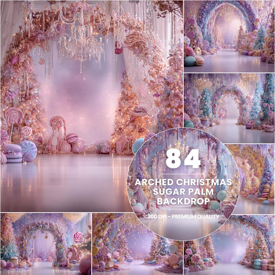 Arched Christmas Sugar Palm Backdrop, Pastel Candy Wonderland (digital ...